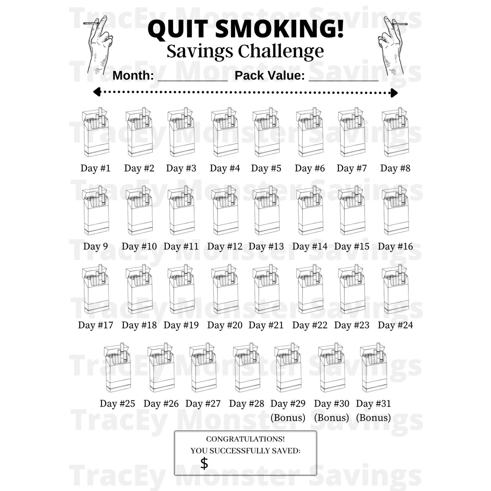 QUIT SMOKING Savings Challenge Tracker Monthly Challenge | Etsy