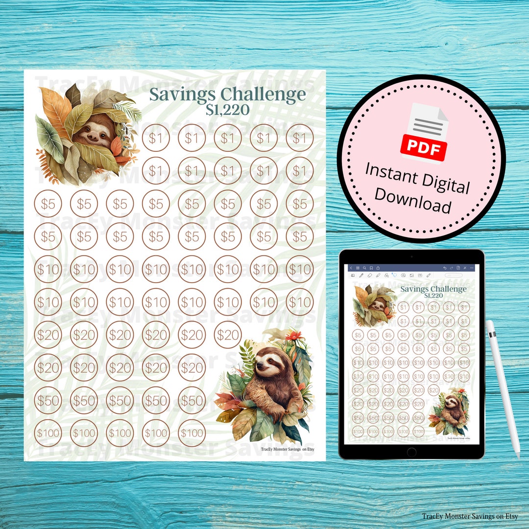 Sloth Savings Challenge Tracker | Sloths | Instant Digital Download ...