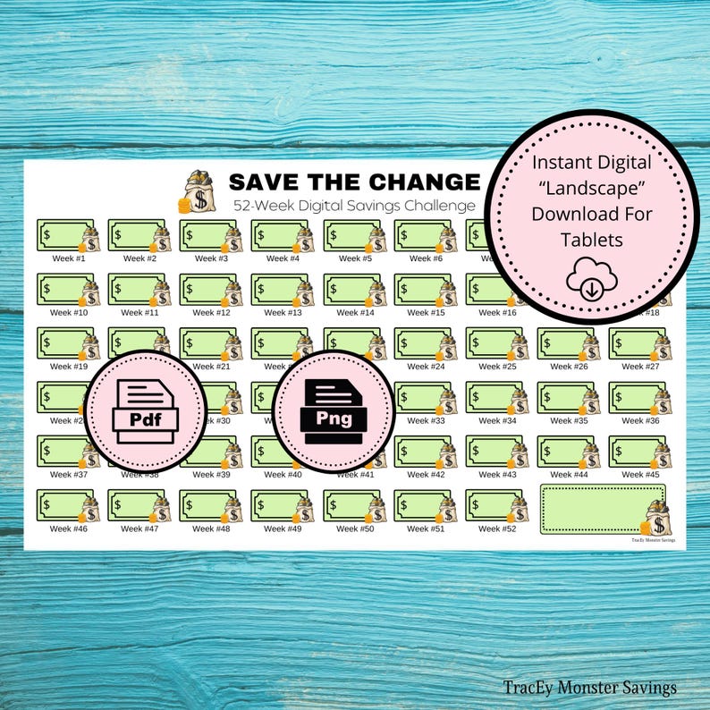 Save the Change Money Savings Challenge 52 Weeks for Tablet | Landscape ...