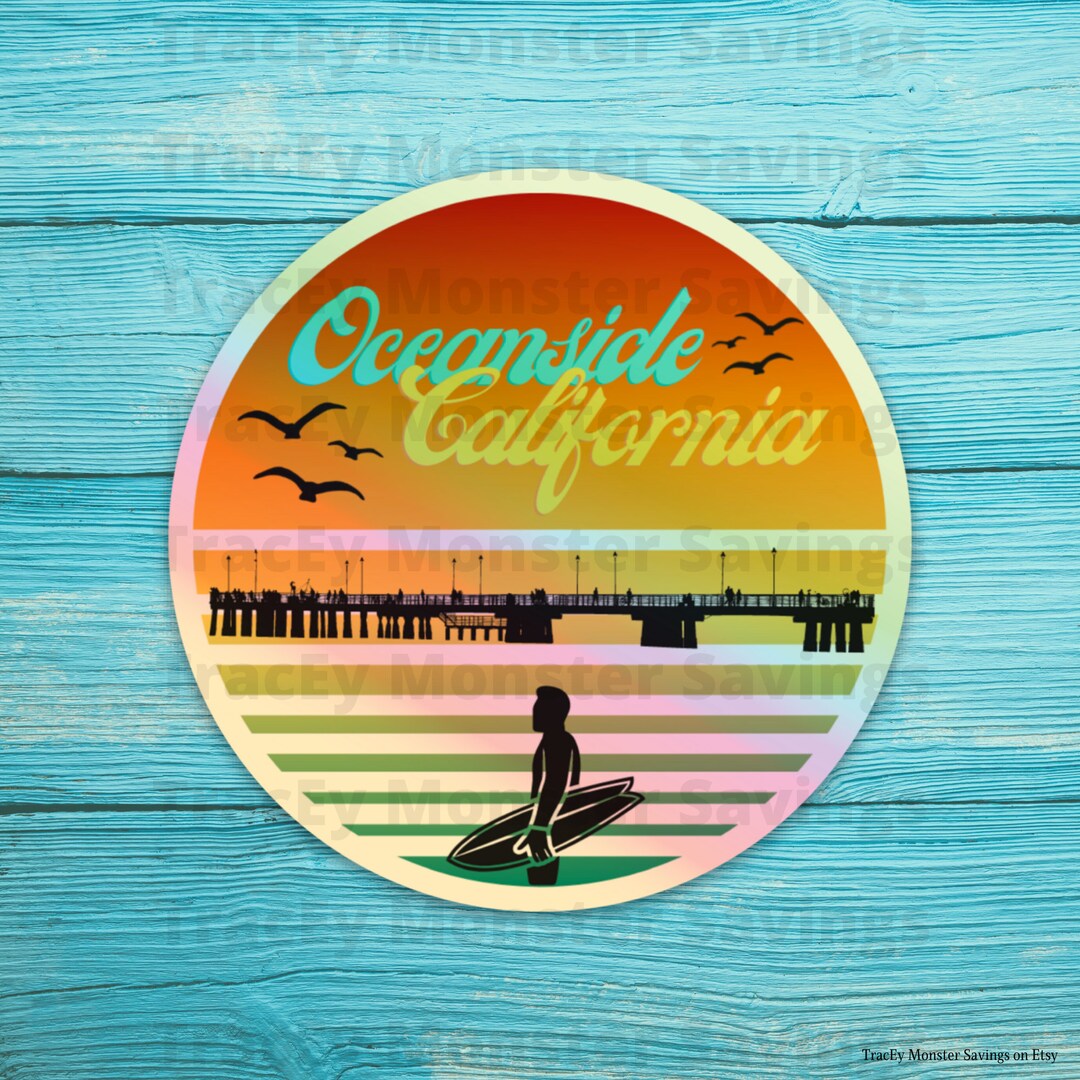 Oceanside California Holographic Vinyl Round 3" Sticker | Rainbow ...