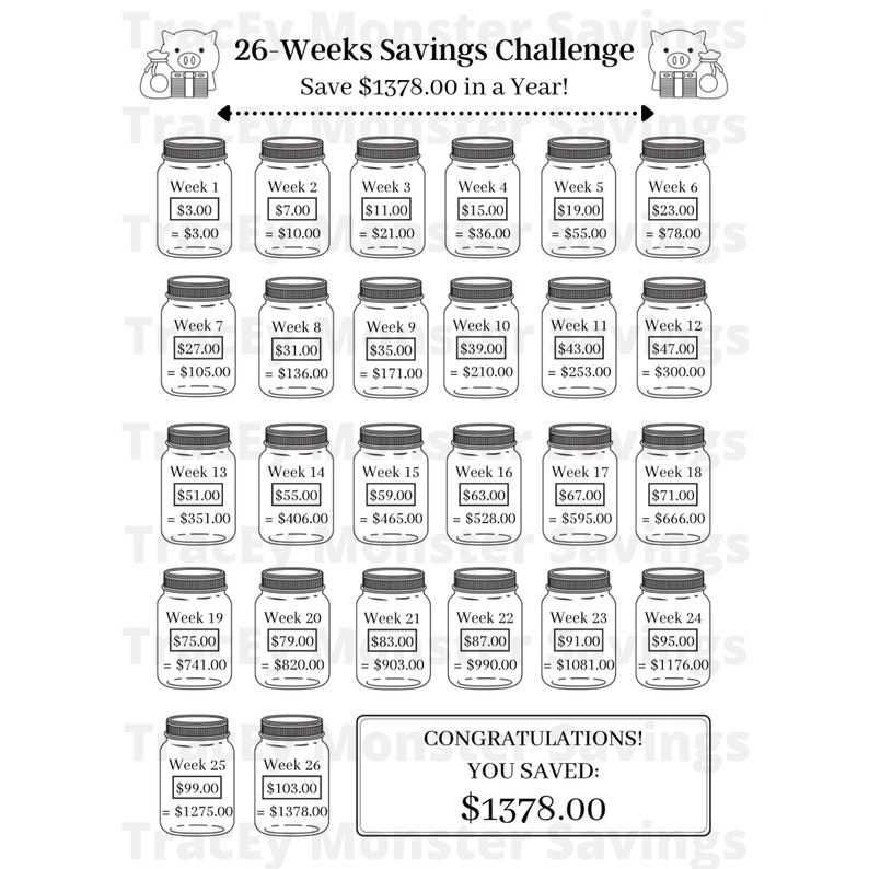 26 Weeks Savings Challenge | 26 Weeks Money Savings Challenge | Bi ...