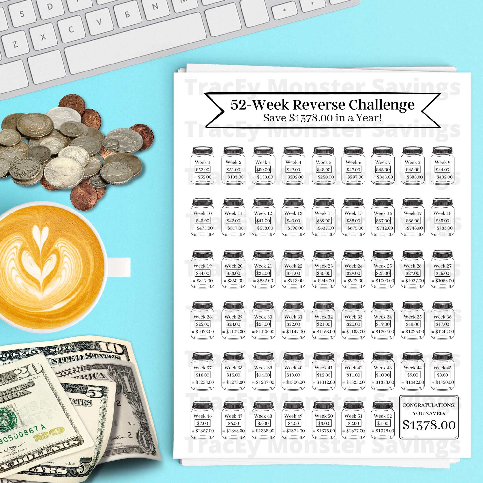 52 Week Reverse Challenge Tracker 1 Yearly Challenge - Etsy