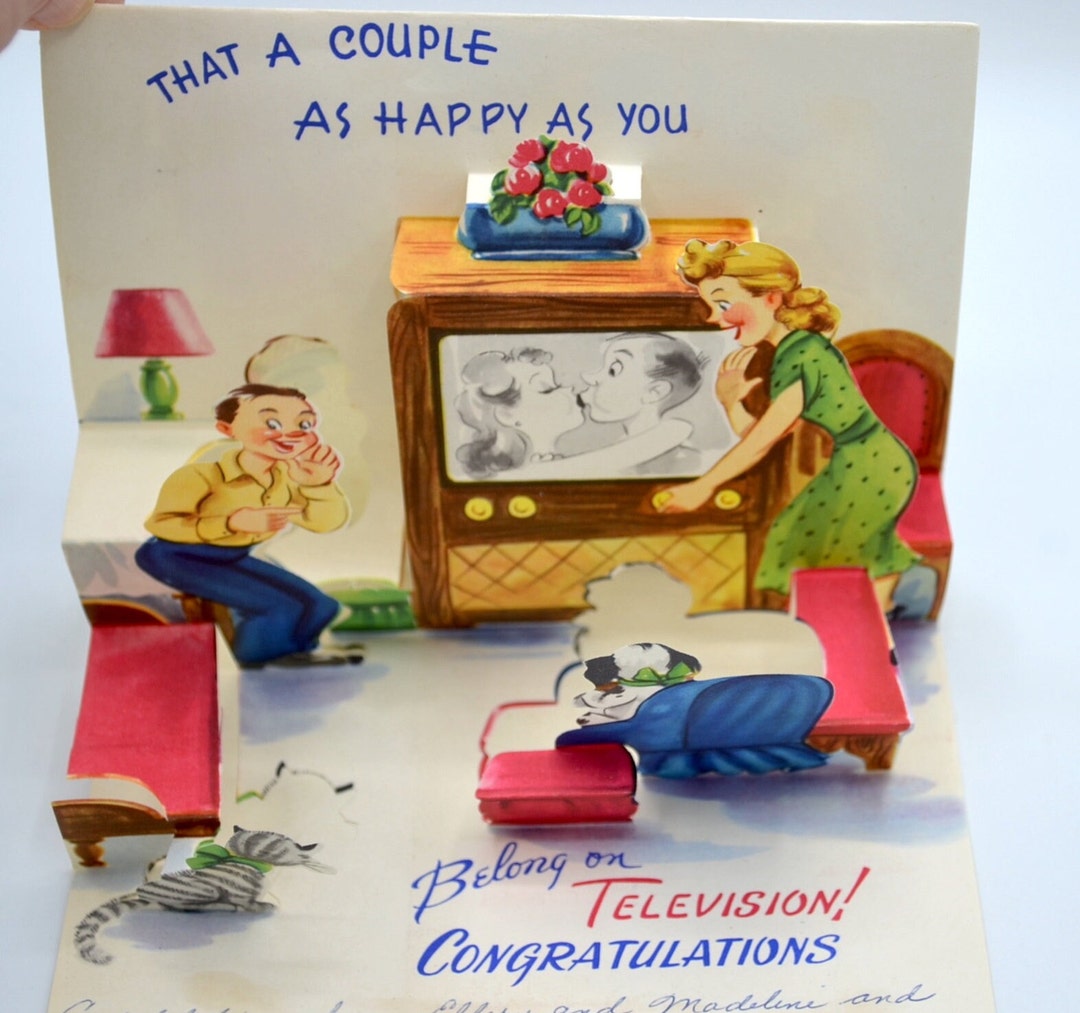 Vintage Wedding Congratulations Card - 1950s TV Living Room Couple Pop ...