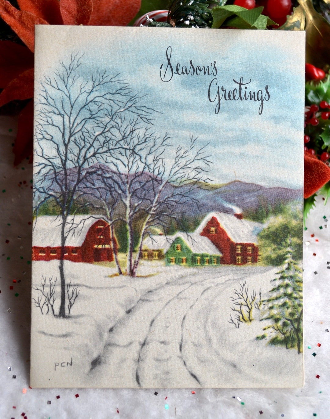 Vintage Christmas Card Snowy Country Road Leading to Farmhouses Unused ...