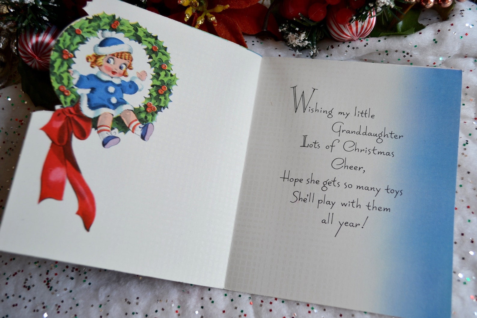 Vintage Christmas Card Little Girl Doll Tree Present to | Etsy