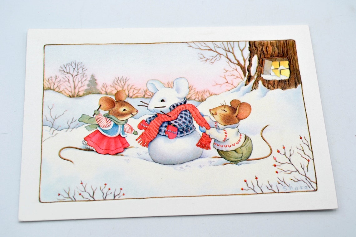 Vintage Christmas Card Mice Building Mouse Snowman Unused - Etsy