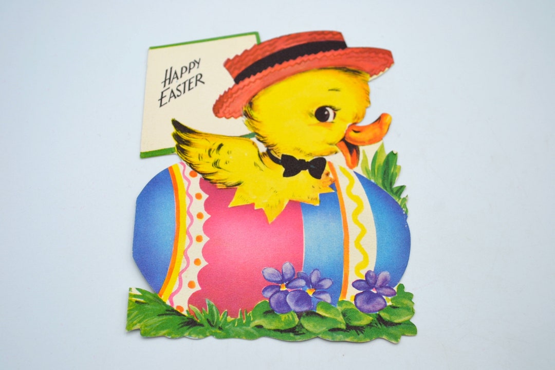Vintage Easter Card - Duck Inside Big Striped Egg - Used Gibson Double ...