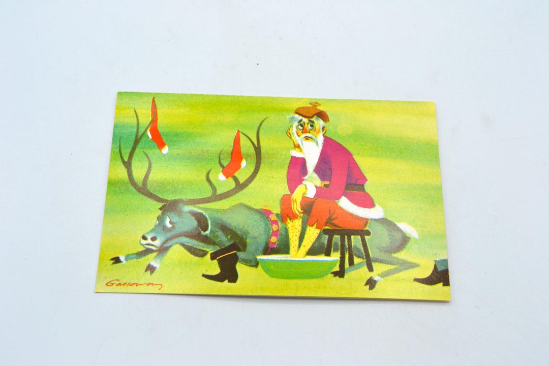 Vintage Christmas Card - Tired Santa and Reindeer - Used Medallion ...
