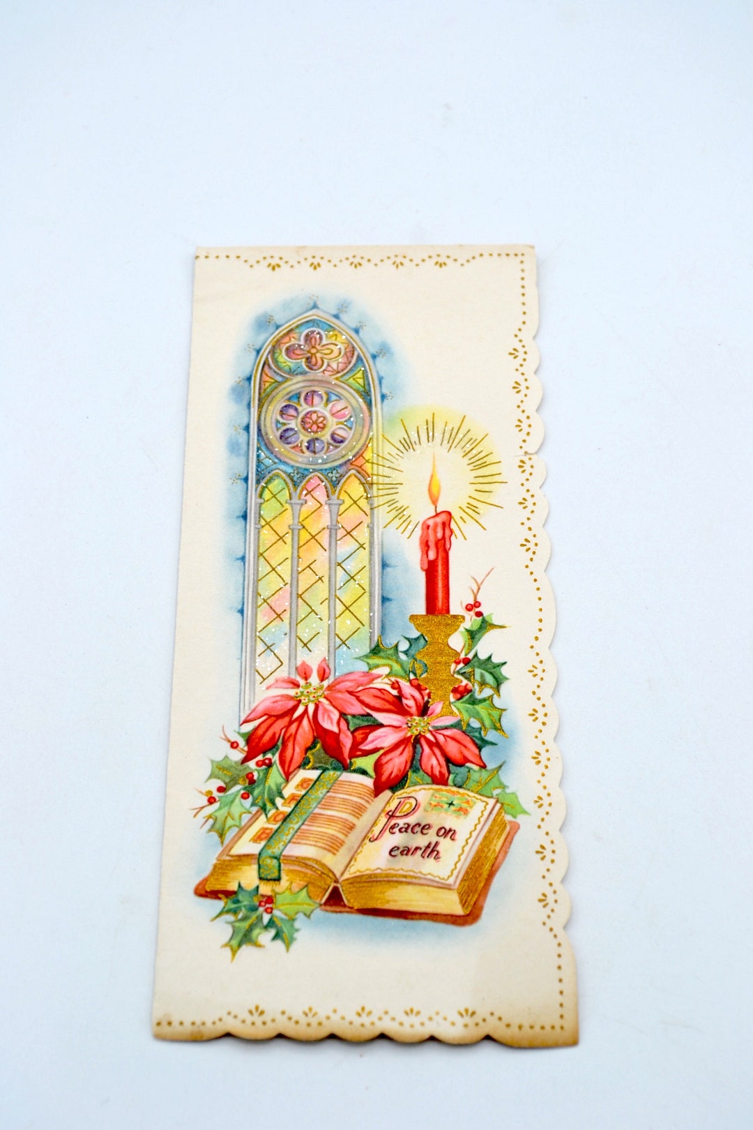 Vintage Christmas Card Inside Church With Glitter Stained Glass Window ...