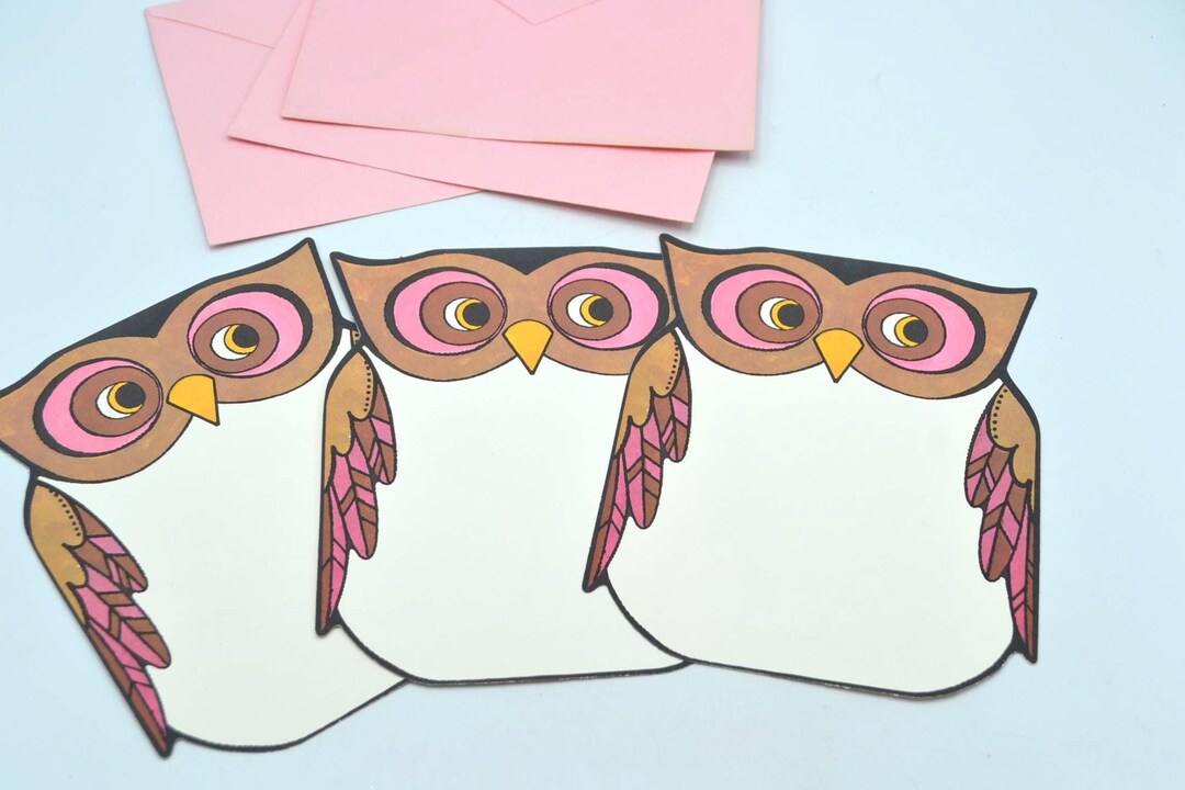 3 Vintage Owl Stationery Note Cards - One Sided Non-folded Die Cut ...