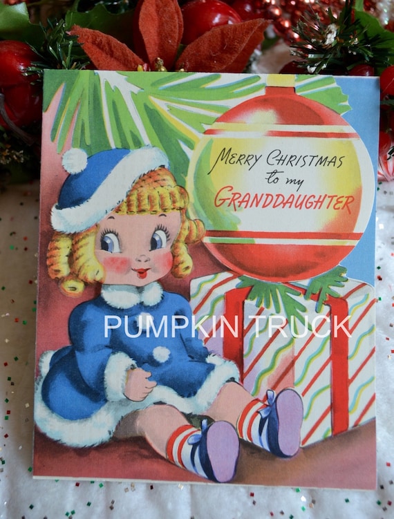 Vintage Christmas Card Little Girl Doll Tree Present to | Etsy