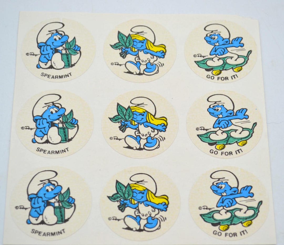 9 Vintage Smurf Stickers - Scented Scratch and Sniff Spearmint - Peyo ...