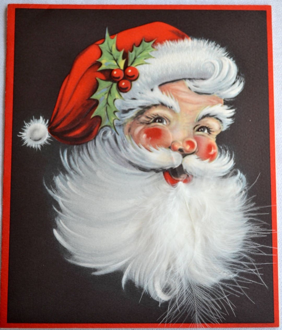 Vintage Christmas Card - Feather Beard Santa on Black Background - Used ...