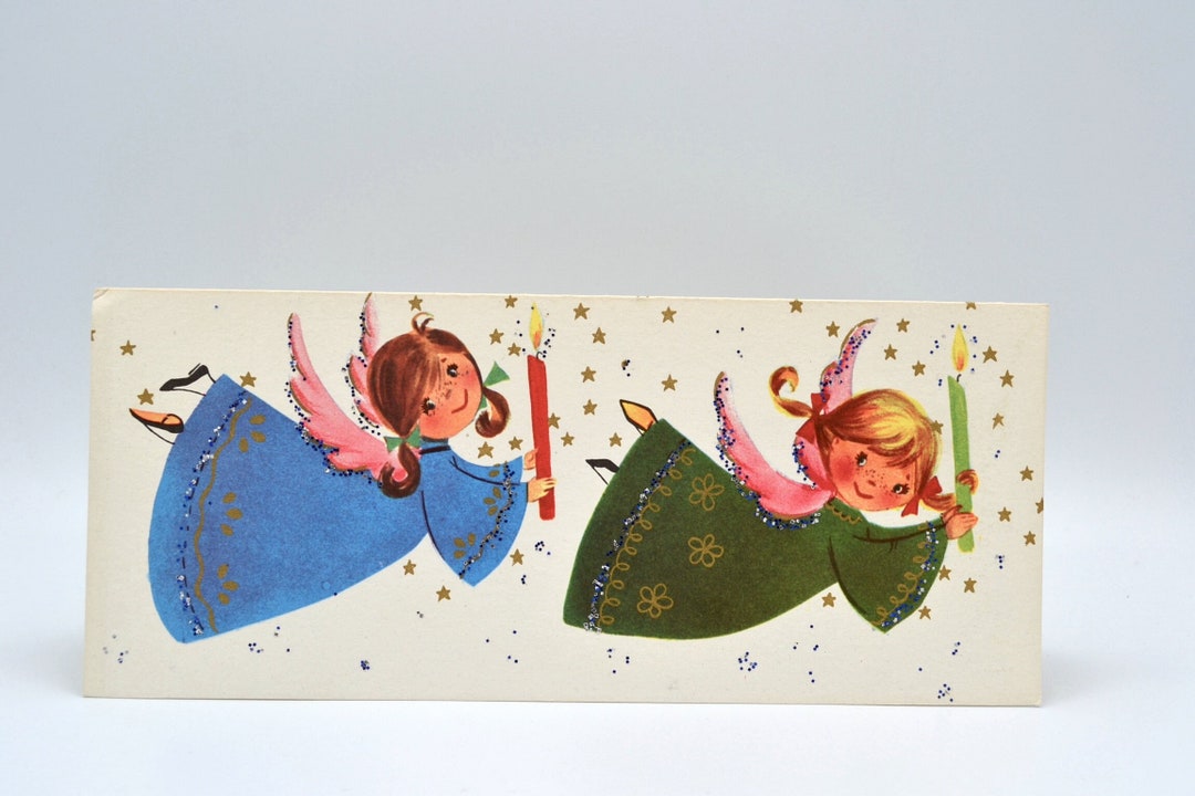 Vintage Christmas Card - Flying Pink Wing Angels With Candles - Unused ...