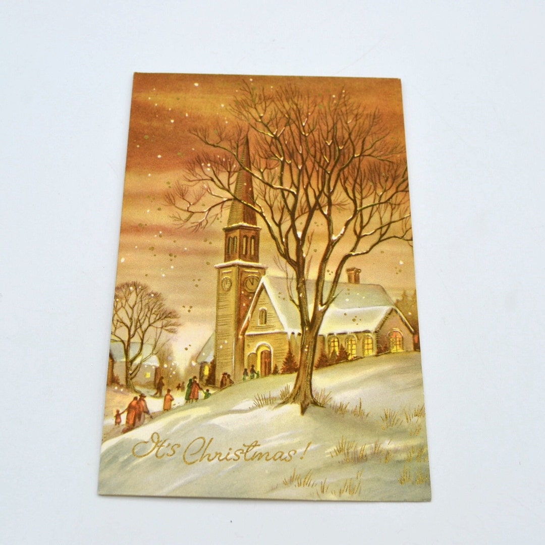 Vintage Christmas Card - People Walking to Church Christmas Eve - Used ...