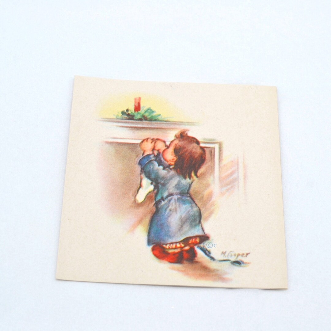 Vintage Christmas Note Card Child Hanging Stocking on Mantle Unused Marjorie Cooper Rust Craft ...