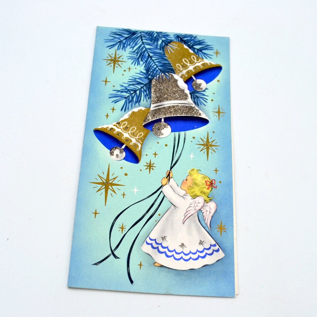 Vintage Christmas Card Angels Ringing Glitter Bells Used - Etsy