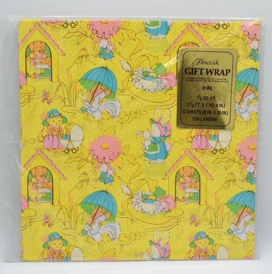 Vintage Mod Baby Shower Animals Wrapping Paper - 2 Sheets NOS Cat Frog ...