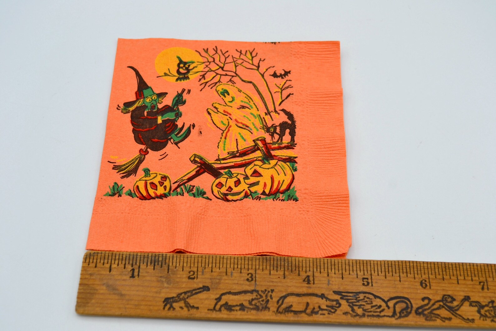Vintage Paper Halloween Napkin Witch on Broom Scared by | Etsy