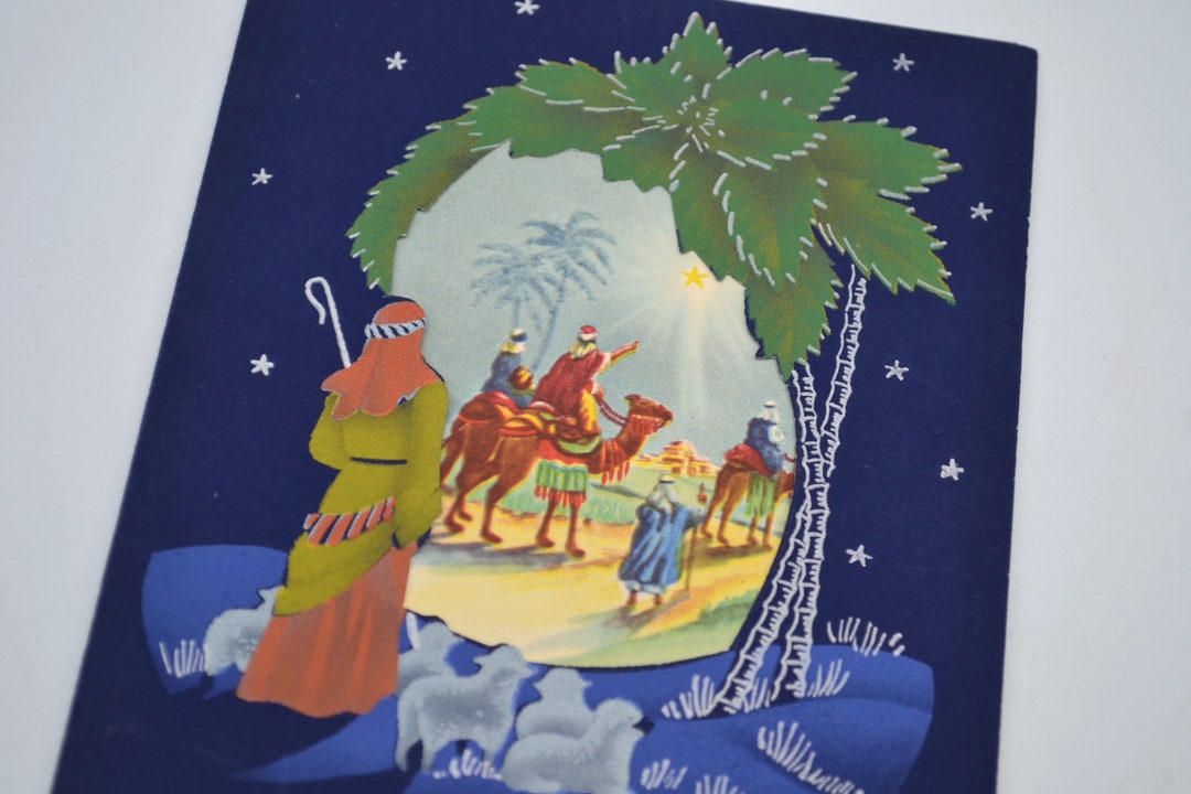 Vintage Christmas Card - Magi Following Star of Bethlehem - Silk Screen ...