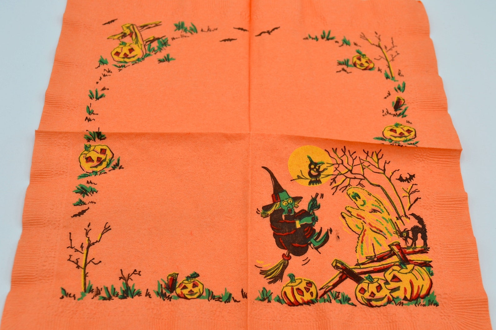 Vintage Paper Halloween Napkin Witch on Broom Scared by | Etsy