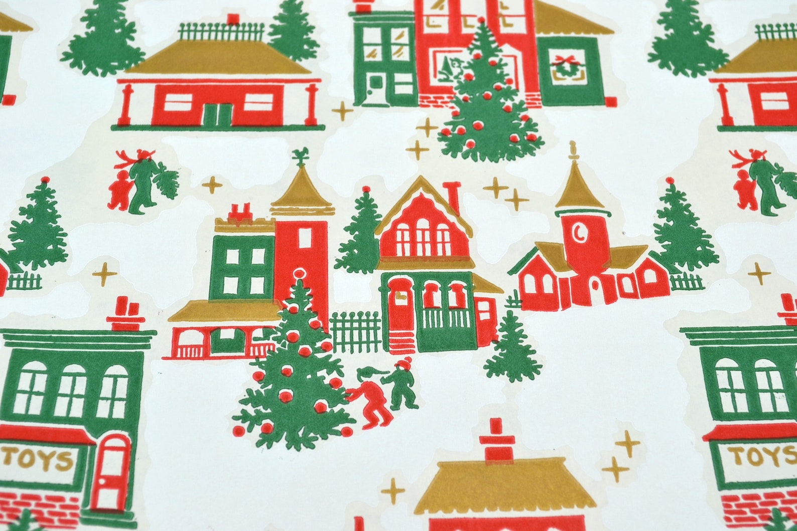 Vintage Christmas Wrapping Paper - 1950s Town Buildings Church Tree ...
