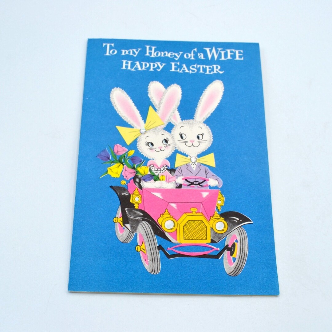 Vintage Easter Card Mr and Mrs Bunny Rabbit Driving Pink Car Used ...