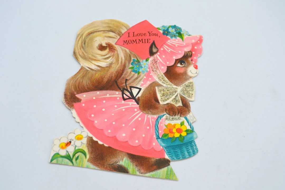 Vintage Mothers Day Card - Glitter Squirrel in Pink Dress and Bonnet ...