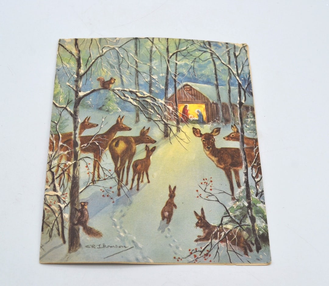 Vintage Christmas Card Deer and Woodland Animals at Forest - Etsy