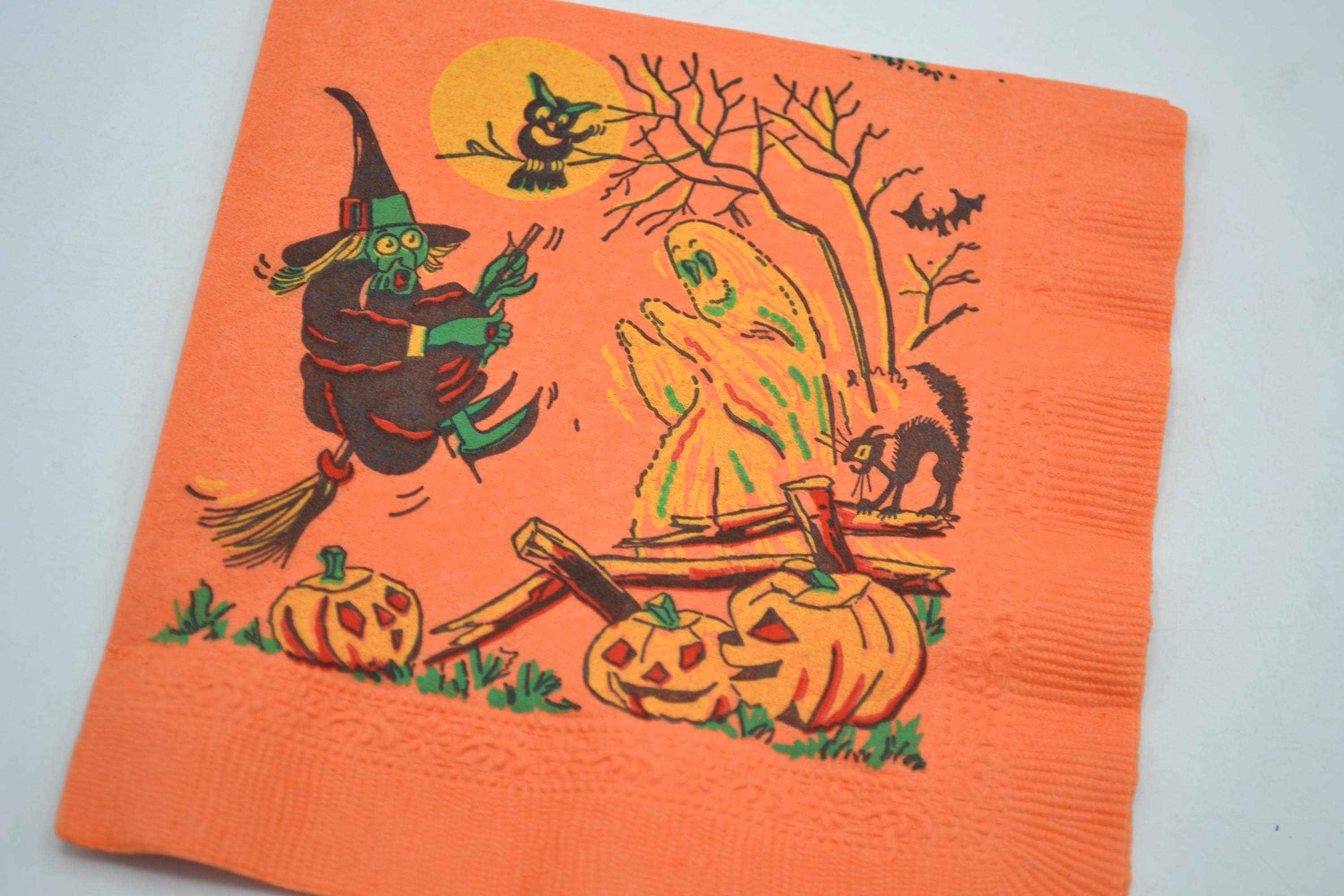 Vintage Paper Halloween Napkin - Witch on Broom Scared by Ghost ...