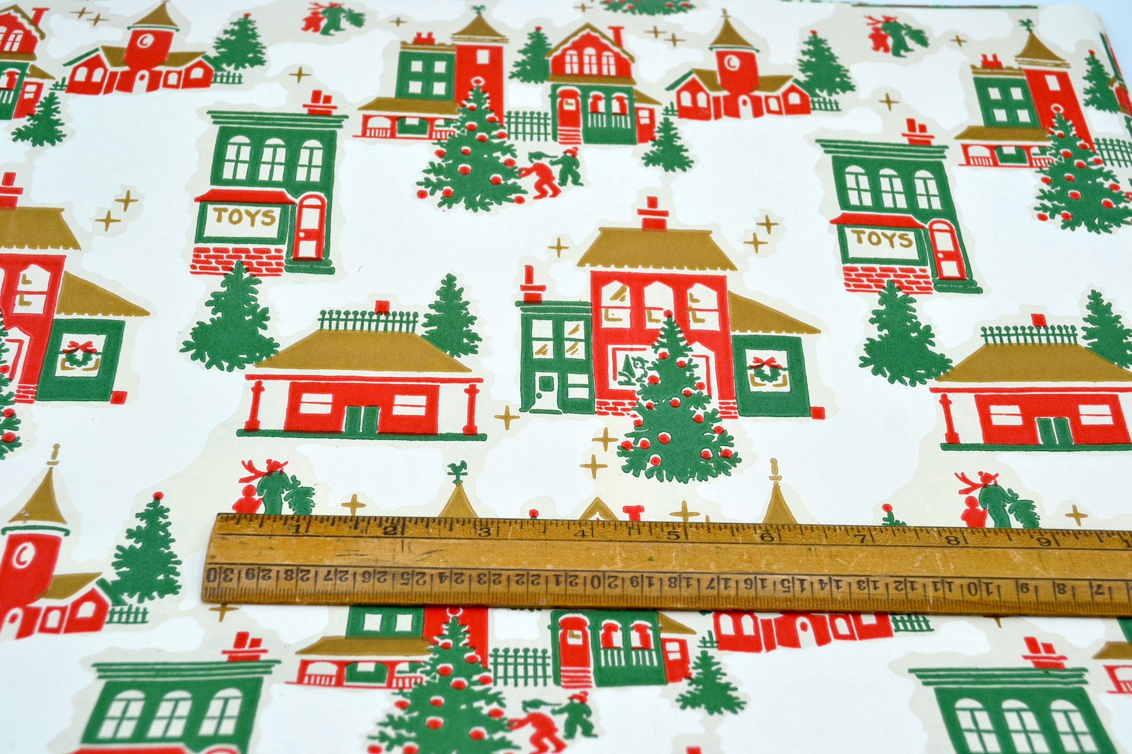 Vintage Christmas Wrapping Paper - 1950s Town Buildings Church Tree ...