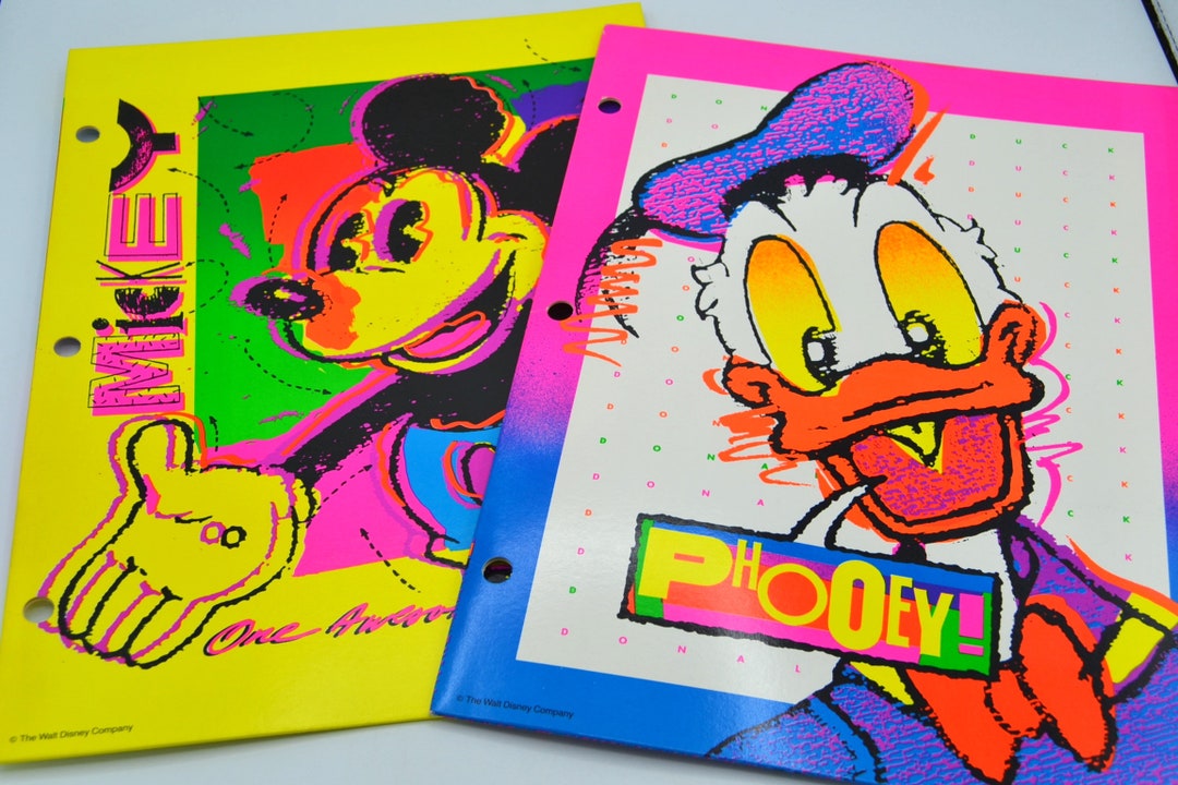 2 Vintage Mead School Portfolio Folders Mickey and Donald in Day-glo ...