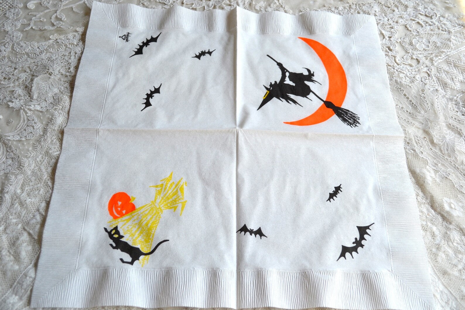 Vintage Halloween Paper Napkin Flying Witch on Broom - Etsy