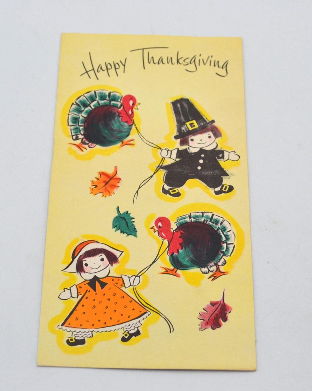 Vintage Thanksgiving Greeting Card Pilgrim Girl and Boy With Turkeys ...