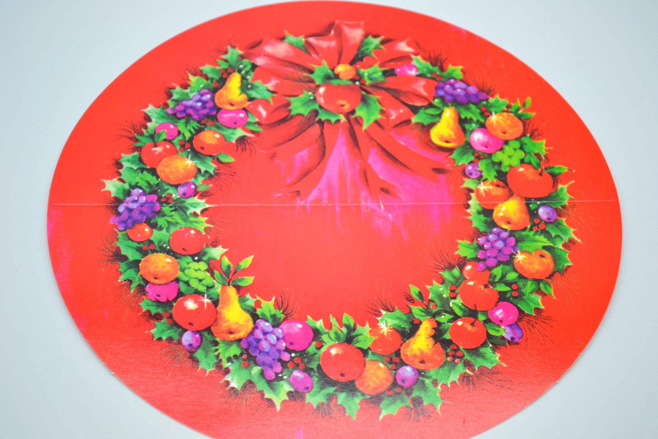 Vintage Round Christmas Card - Mod Pink Fruit Wreath - Unused - Etsy