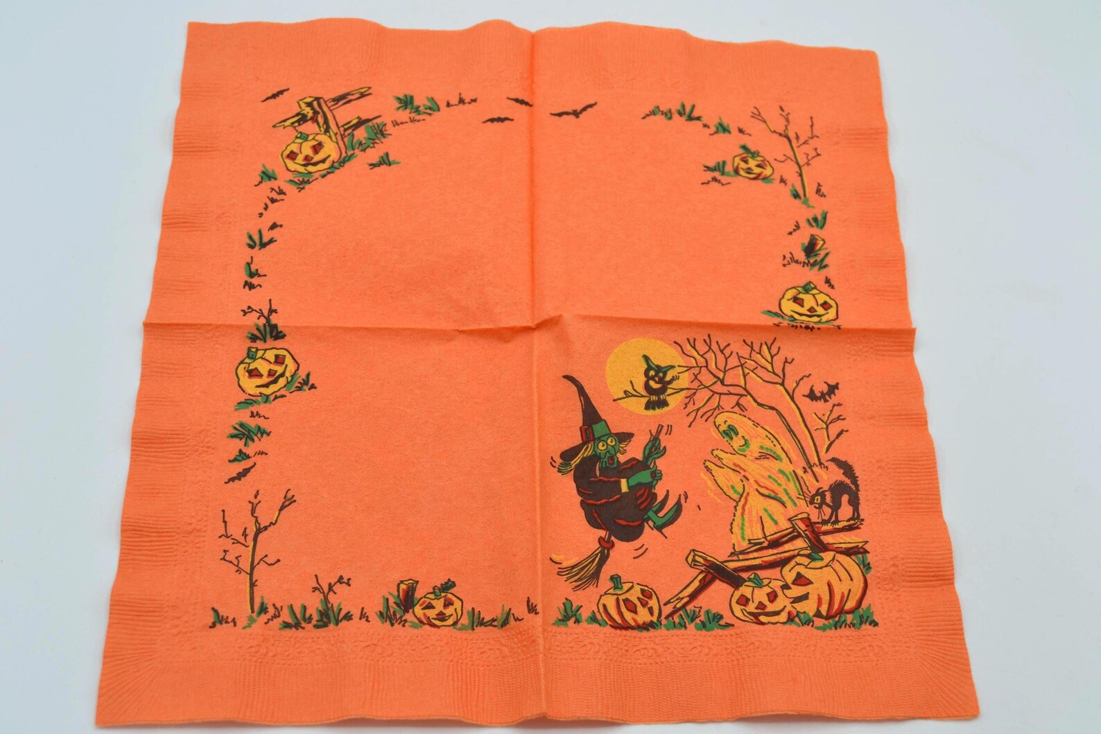 Vintage Paper Halloween Napkin - Witch on Broom Scared by Ghost ...