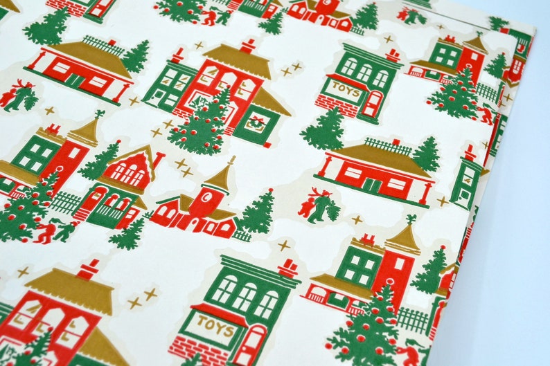Vintage Christmas Wrapping Paper - 1950s Town Buildings Church Tree ...