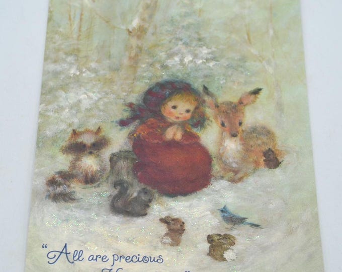 Vintage Mary Hamilton Christmas Card Little Girl Praying With Forest ...