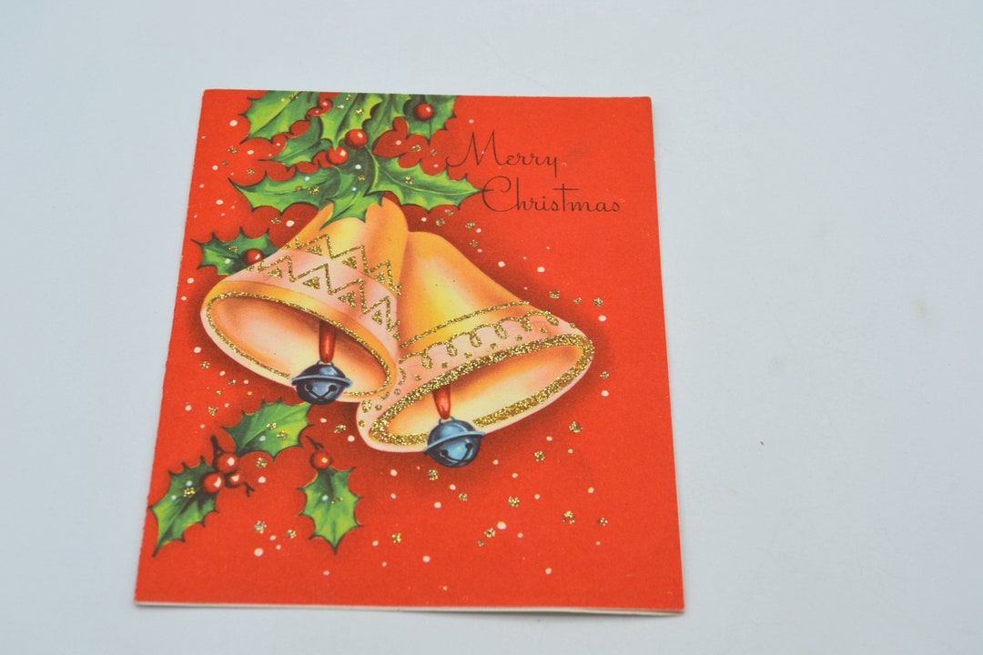 Vintage Christmas Card - Gold Glitter Bells on Red - Used - Etsy