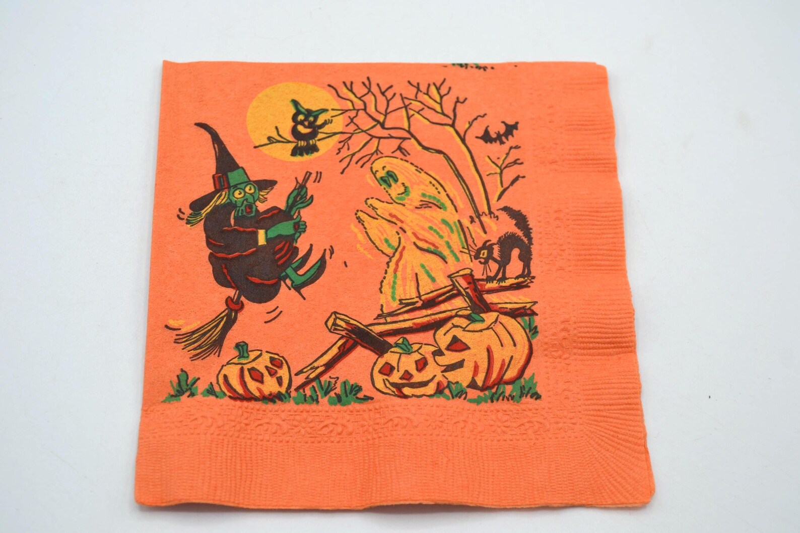 Vintage Paper Halloween Napkin - Witch on Broom Scared by Ghost ...