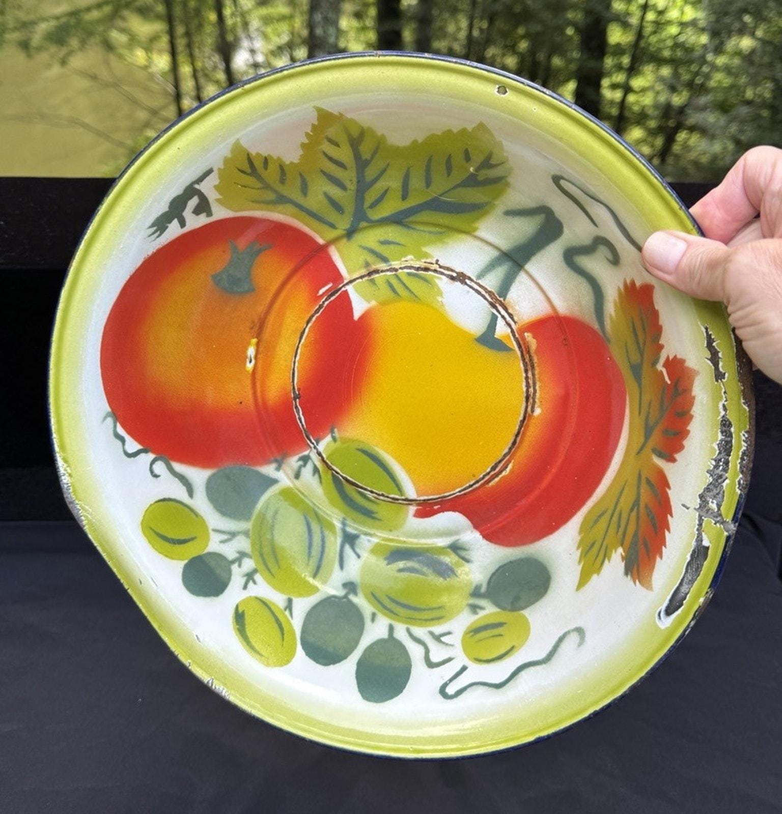 Vintage Enamelware Bowl MCM Mid Century Orange Fruit Kitsch Farmhouse ...