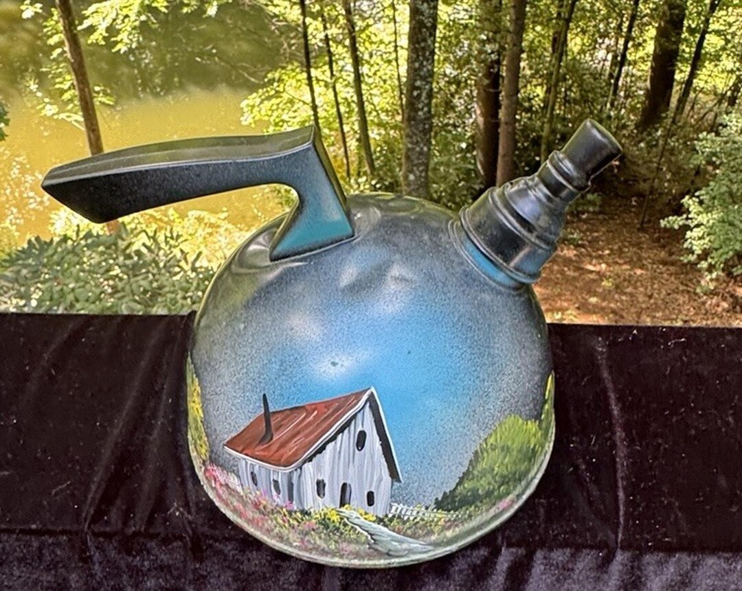 Beautifully Hand Painted Tea Kettle Pot Folk Art Farm Barn Rustic Bar ...