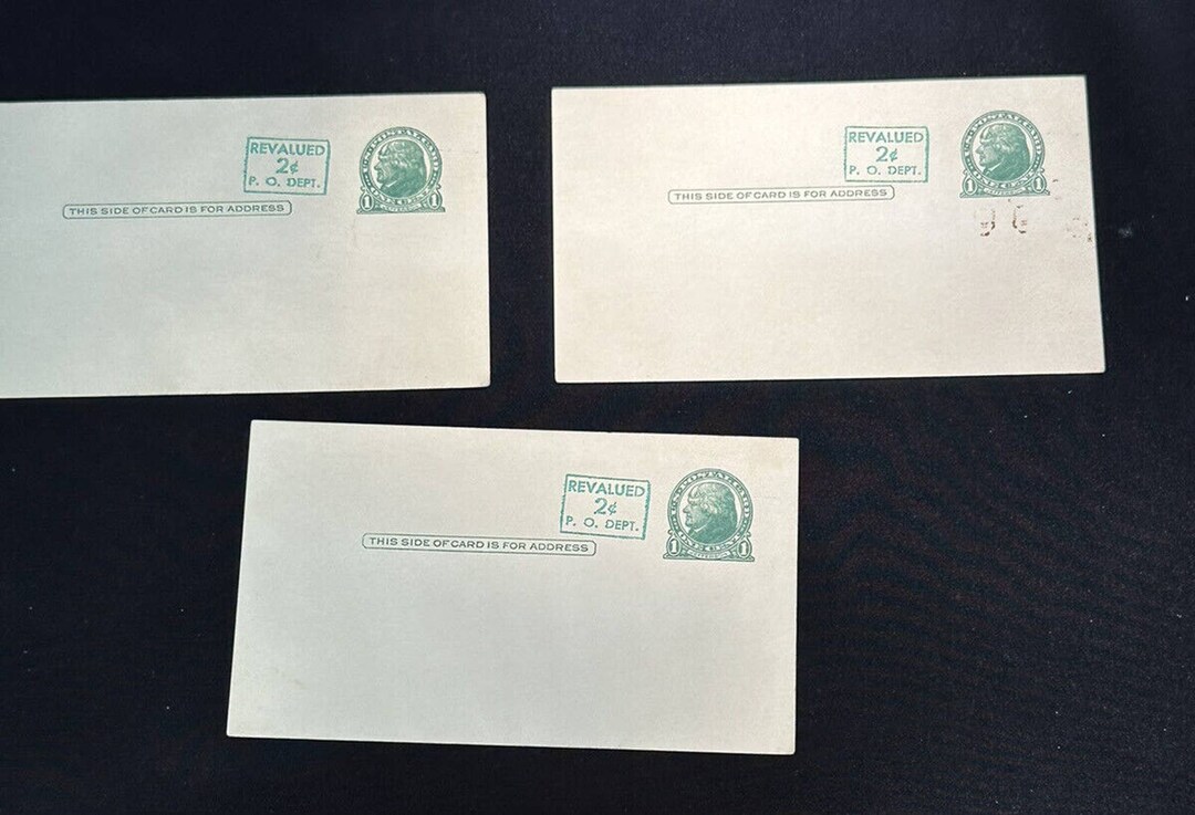 3 Vintage Postcard Unused 1 Cent Jefferson Revalued 2 Cent PO Dept ...