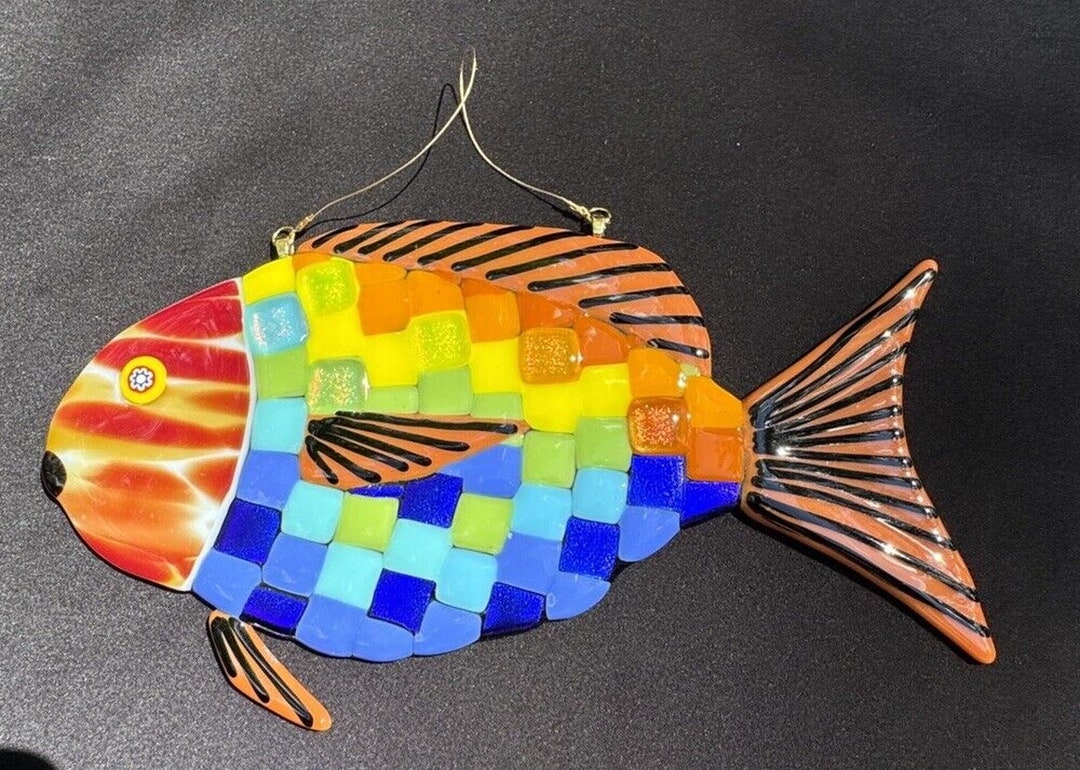 Colorful Floating Fish Fused Art Glass Handmade Plaque Signed! -A53 2 ...