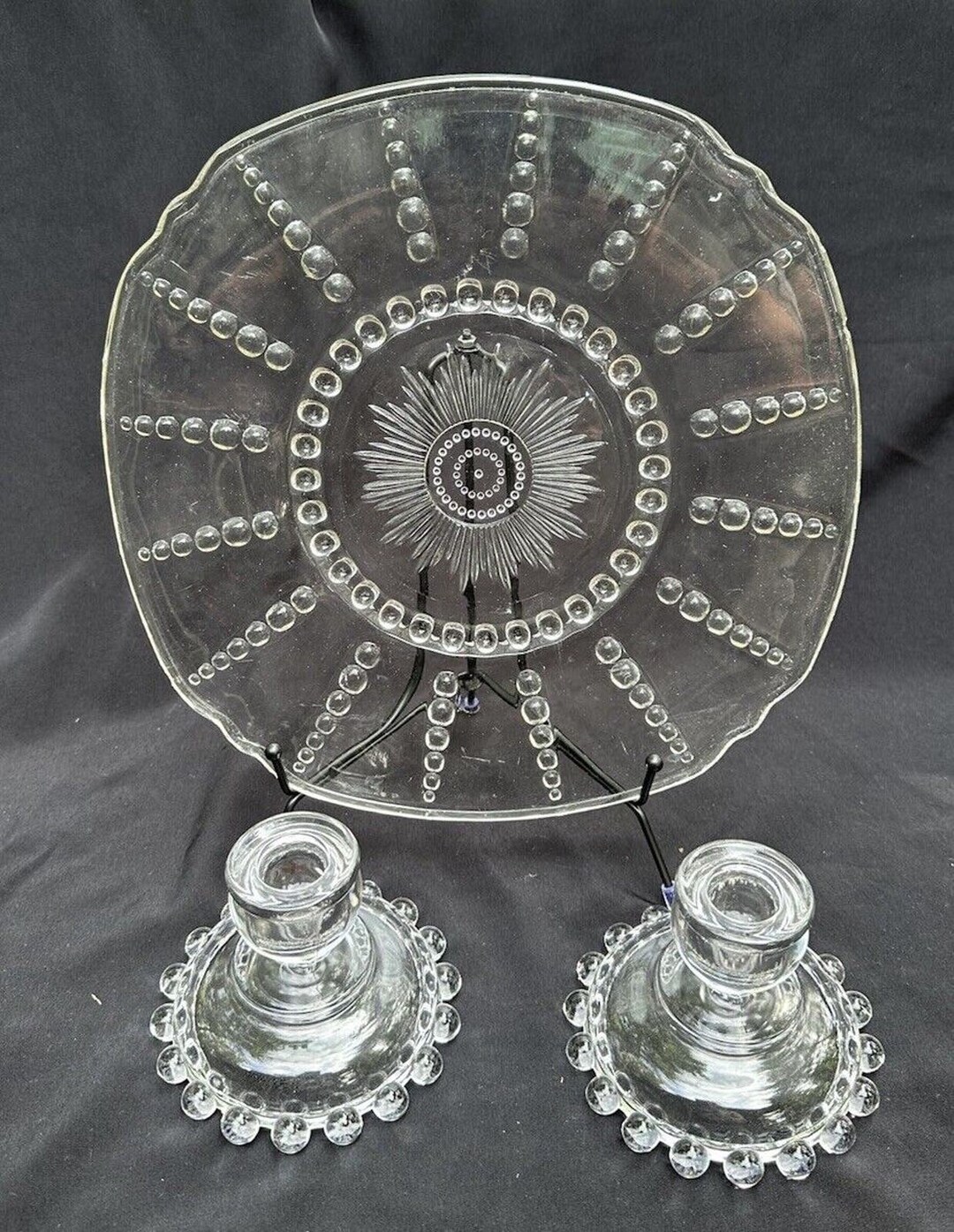 Federal Glass Columbia 11” Depression Square Cake Plate & Candle Holder ...