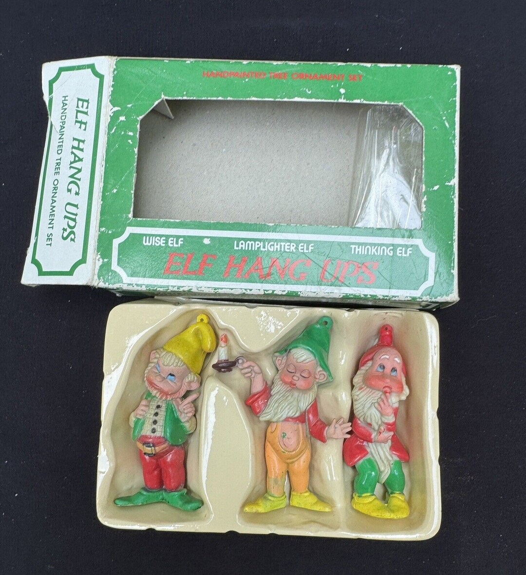 Set of 3 HOLIDAY ELVES Elf HANG Ups Hand Painted Christmas Ornaments in ...