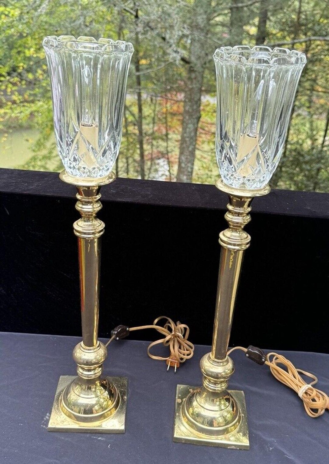 2 Brass 23 Torchiere Table Lamp Flute Crystal Glass Hollywood Regency ...