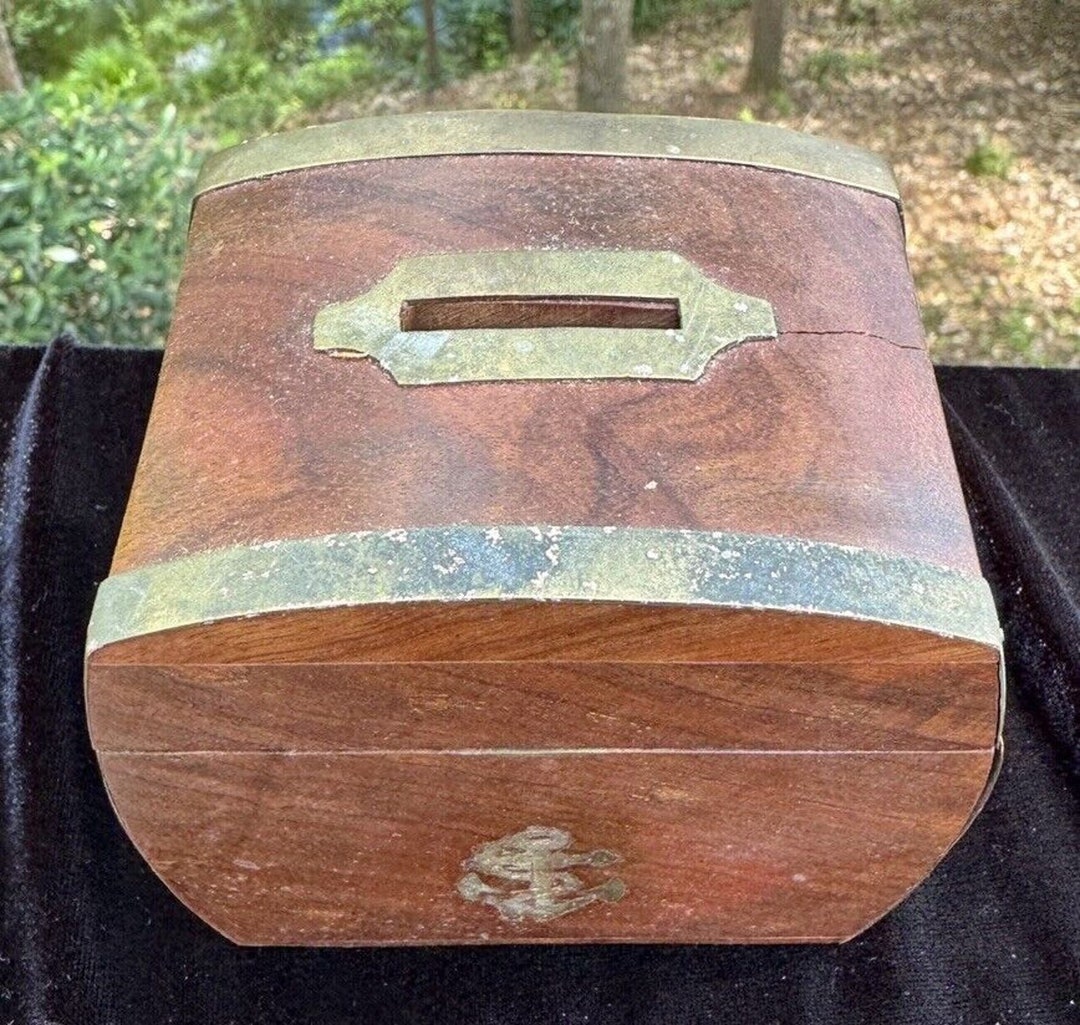 Vintage Original White Wood With Brass Inlay Anchor Money Bank Chest ...