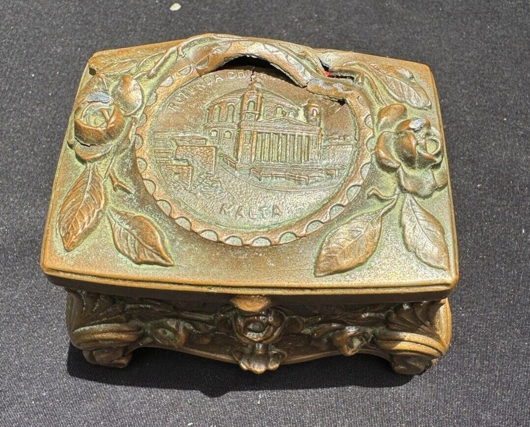 Antique Art Nouveau MALTA Brass Trinket Box Dresser Jewelry Victorian ...