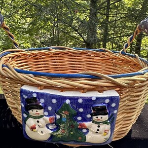 Snowman Christmas Tree Wicker Basket Porcelain Handles Blue Holiday ...